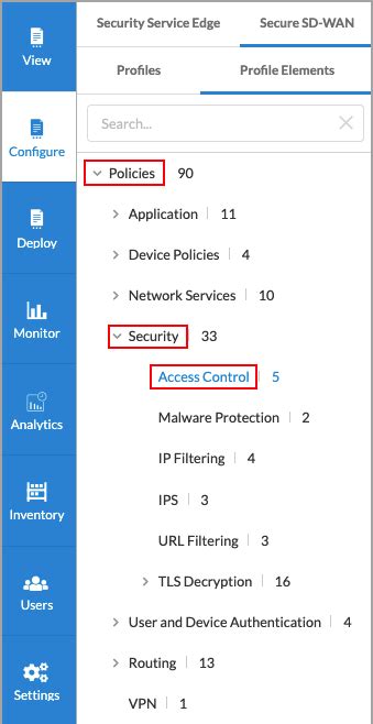 configure sd wan security access control policies and rules versa