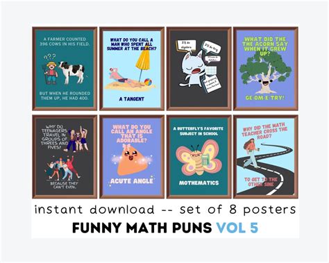 Math Puns Posters Set Of 8 Printables Vol5 Math Classroom Decor