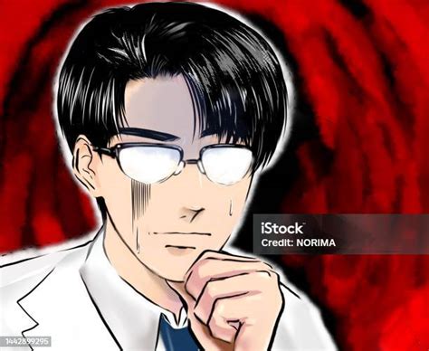 흰색 실험실 코트를 입은 검은 머리의 안경을 쓴 의사가 의심스럽게 빛나는 눈으로 무언가를 응시하면서 떨고 있는 컬러 만화 그림