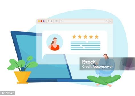 리뷰 온라인 피드백 개념 벡터 일러스트레이션 별이 있는 서비스 등급 플랫 작은 여성 캐릭터 읽기 설문 조사 고객 경험 의견