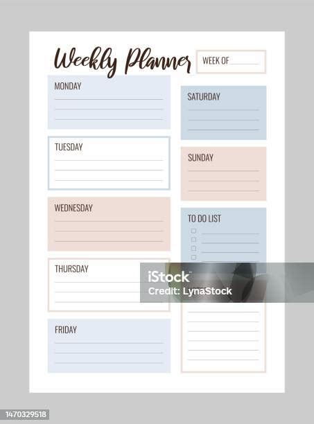 주간 플래너 인쇄 가능한 벡터 템플릿입니다 빈 구성 도우미 페이지 A4 A5 효과적인 계획을 위해 일주일 동안의 비즈니스 일정 페이지 개인 노트북 종이 시트 흰색 배경입니다