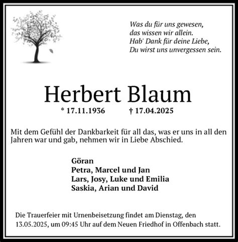 Traueranzeigen Von Herbert Blaum Trauerop Onlinede