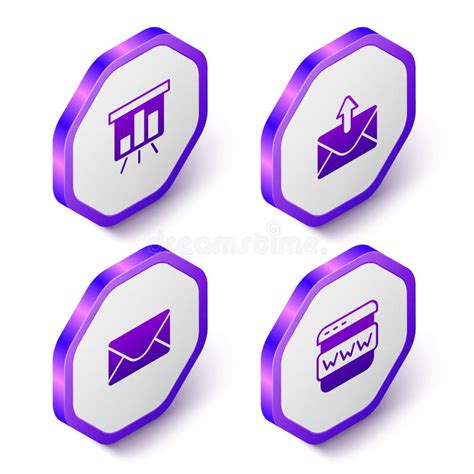 Set Isometric Board With Graph Chart Mail And E Mail And Browser Window Icon Purple Hexagon