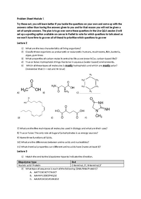 Revision Questions Biol1xx7 Module 1 Problem Sheet Module 1 Try These