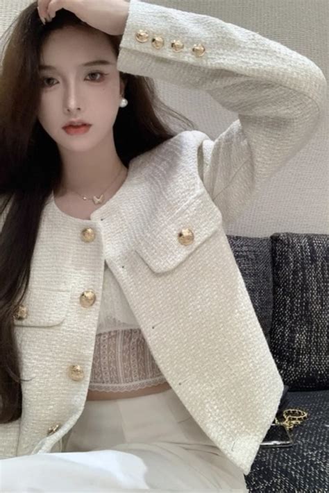 핑크프릴 이디 골드 단추 라운드넥 긴팔 롱슬리브 정장 모직 자켓