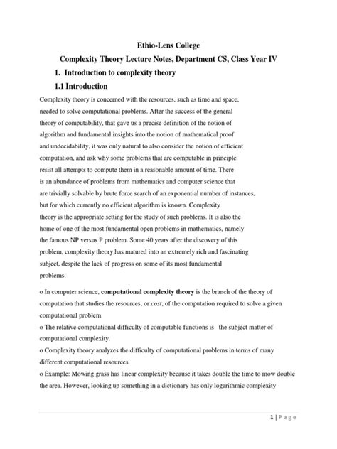 Ethio Lens College Complexity Theory Lecture Notes Department Cs