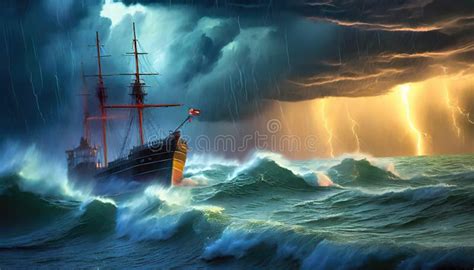 Hurricane In The High Sea With A Ship And Strong Waves Ai Generated