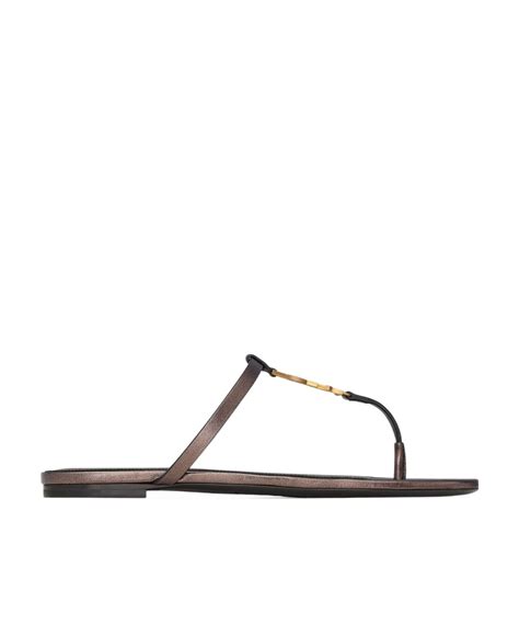 Saint Laurent Cassandra Slides In Laminated Metallic Leather In Brown