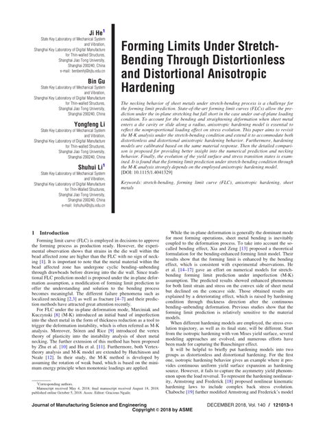 Pdf Forming Limits Under Stretch Bending Through Distortionless And Distortional Anisotropic