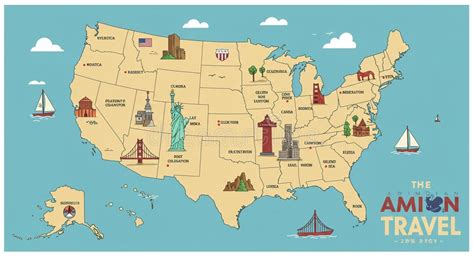 Illustrated Map Of The United States Depicting Iconic Landmarks And