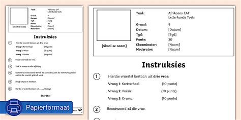Graad 9 Afrikaans Eat Letterkunde Toets Formaat