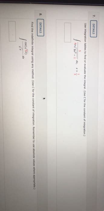 Solved DETAILS Use Integration Tables To Find Or Evaluate Chegg Com