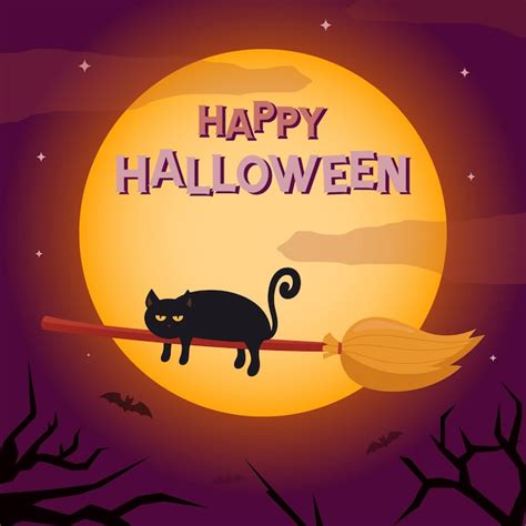 Premium Vector Vector Of Witch Cat And Broom On Full Moon For Happy