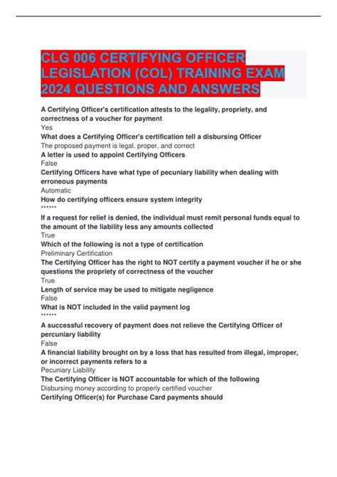 Clg 006 Certifying Officer Legislation Col Training Exam 2024