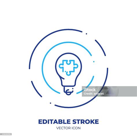 퍼즐 조각 라인 아트 벡터 아이콘 전구 크리에이티브 솔루션의 개요 기호입니다 얇은 스트로크로 만든 아이디어 픽토그램 배경에 격리 아이콘에 대한 스톡 벡터 아트 및 기타