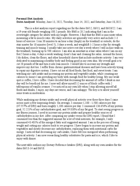 Personal Diet Analysis Pdf Fat Dieting