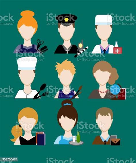 직업 사람들 경찰 의사 요리사 미용사 예술가 교사 웨이터 사업가 비서 얼굴 남자 유니폼입니다 평면 디자인에 아바타입니다 벡터