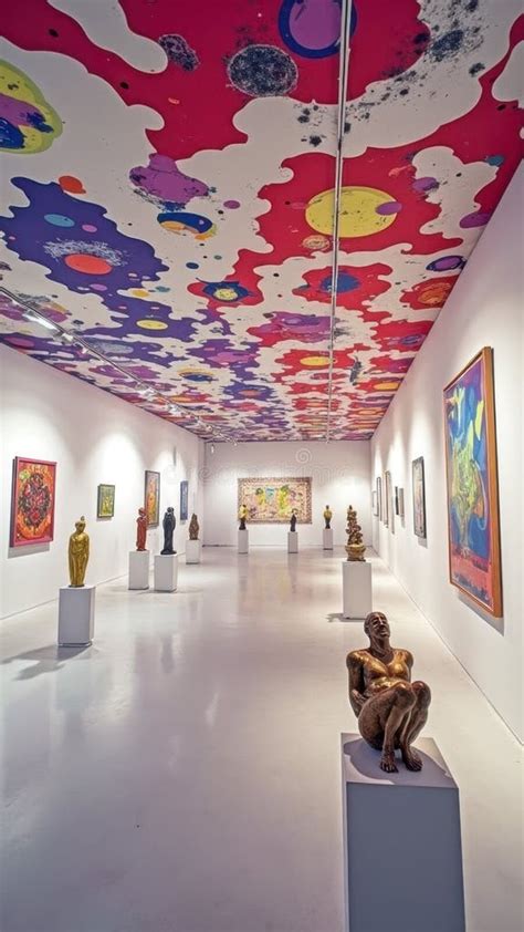 Colorful Art Gallery With Sculptures And Vibrant Ceiling Design Stock
