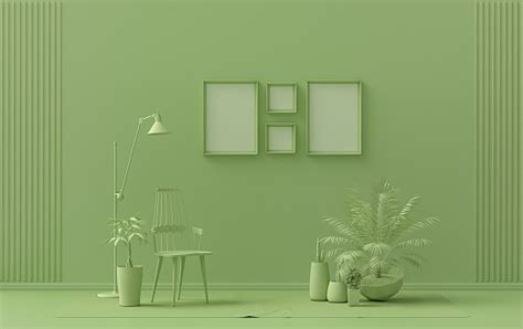 가구와 식물이있는 단일 색상 흑백 라이트 그린 컬러 인테리어 룸 벽에 4 개의 포스터 프레임 3d 렌더링 0명에 대한 스톡 사진 및 기타 이미지 Istock