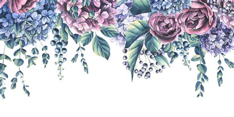 수국 꽃 유칼립투스 가지 장미 및 장식 열매 가로 배너입니다 웨딩 플라워 컬렉션의 수채화 삽화 디자인과 장식용 3월에 대한 스톡 벡터 아트 및 기타 이미지 Istock