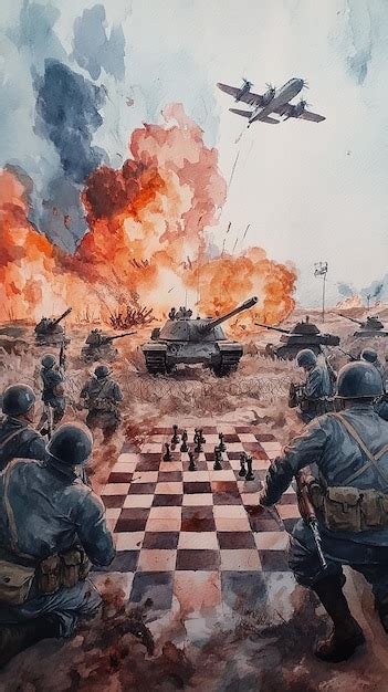 ukrainian soldiers on a chessboard strategic battle representation