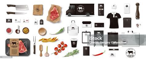 정육점에서 음식의 다양한 레스토랑 브랜드 아이덴티티 모형 설정 격리 육류 가게 카페 또는 스테이크 하우스를위한 브랜딩 포장 요소 팩에 슈퍼마켓 음식 벡터 정육점 주인에 대한