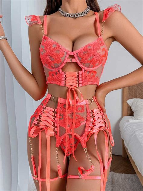 Floral Embroidered Lace Up Bra Set Yomorio