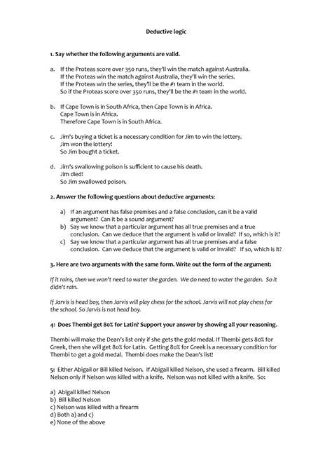 Deductive Logic For Critical Thinking Deductive Logic Say Whether The Following Arguments