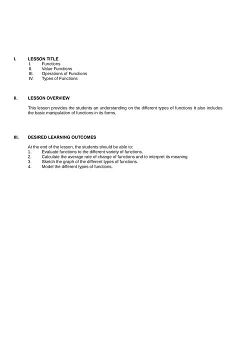 Diff Calculus Module I LESSON TITLE I Functions II Value Functions III Operations Of