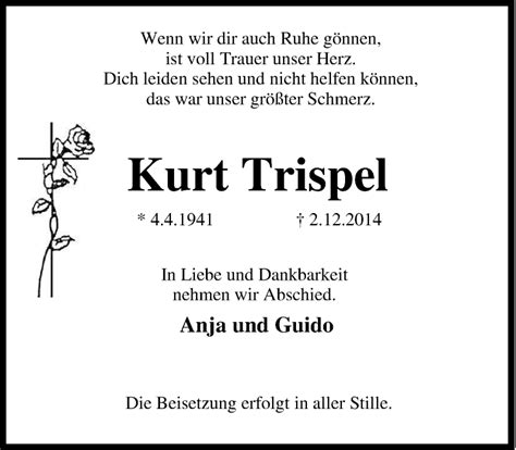 Traueranzeigen Von Kurt Trispel Trauer In Nrw De