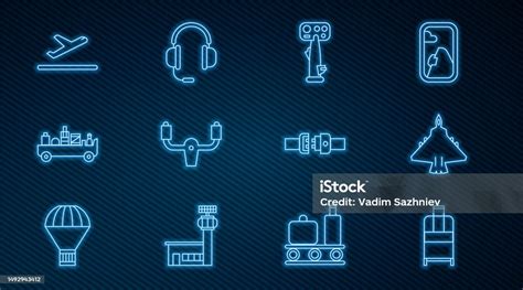 세트 라인 여행 가방 제트 전투기 항공기 조타 장치 공항 수하물 견인 트럭 비행기 이륙 안전 벨트 및 마이크 아이콘이있는 헤드폰 벡터 가방에 대한 스톡 벡터 아트 및 기타