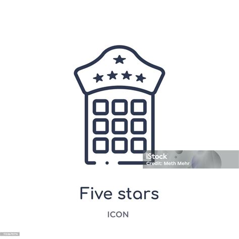 숙박 시설 개요 컬렉션에서 선형 별 다섯개 아이콘입니다 얇은 선 다섯 별 아이콘 흰색 배경에 고립입니다 5 성급 트 렌 디 일러스트레이션 계급에 대한 스톡 벡터 아트 및