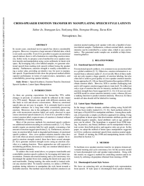 Pdf Cross Speaker Emotion Transfer By Manipulating Speech Style Latents Suhee Jo