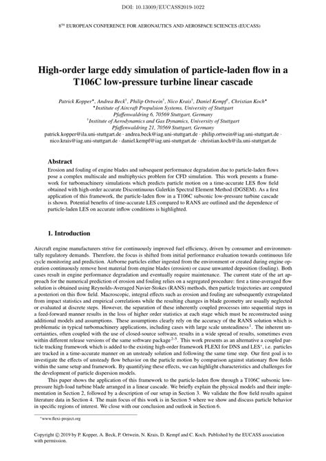 Pdf High Order Large Eddy Simulation Of Particle Laden Flow In A T106c Low Pressure Turbine