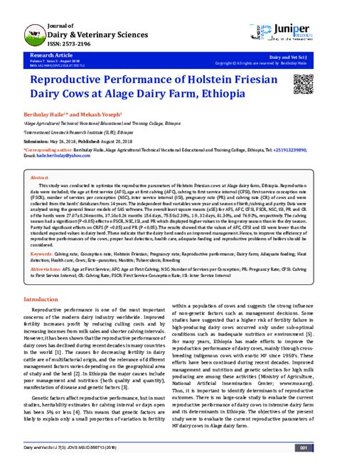 Pdf Reproductive Performance Of Holstein Friesian Dairy Cows At Alage