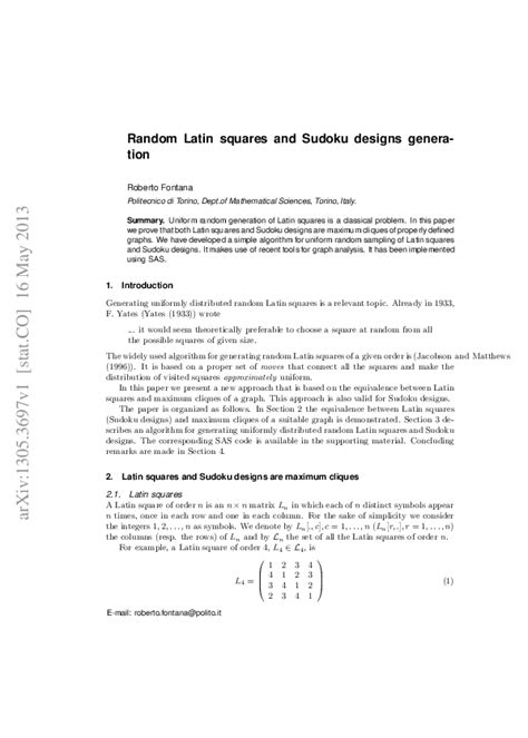 Pdf Random Latin Squares And Sudoku Designs Generation