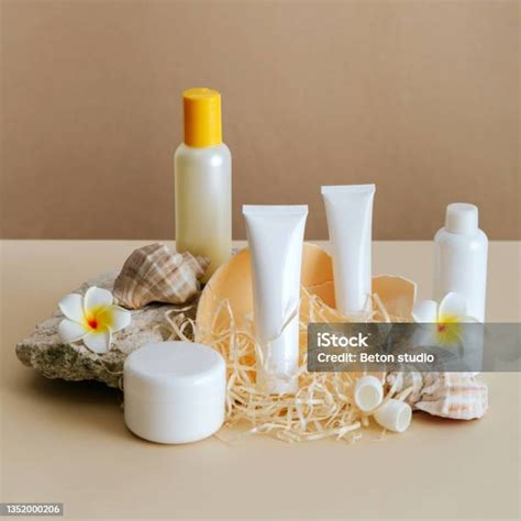 돌 받침대 베이지 색 배경에 바다 껍질스킨케어용 뷰티 화장품 구성 열대 꽃 광장천연 크림 화장품 병 튜브 모형 0명에 대한 스톡