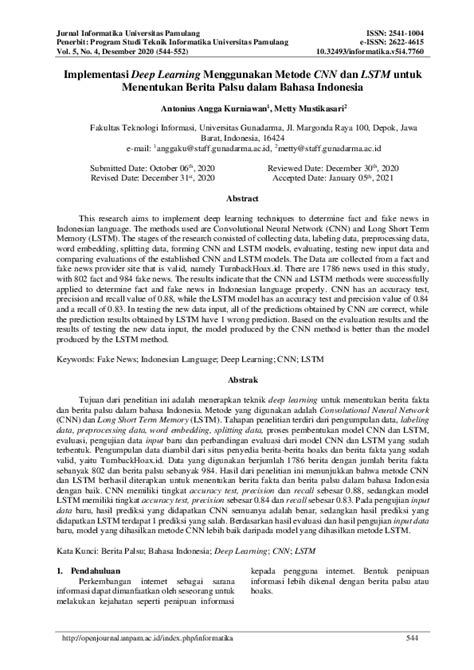 Pdf Implementasi Deep Learning Menggunakan Metode Cnn Dan Lstm Untuk