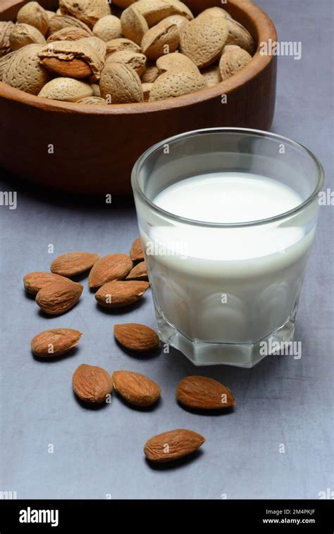 Almond Almonds And Almond Kernels In Shell And Glass Milk Almond Tree