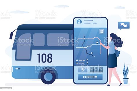 온라인으로 티켓을 구매하기위한 모바일 응용 프로그램 여성 사용자 예약 버스 티켓 디지털 버스 승객 및 휴대 전화와 경로 응용 프로그램 대중 교통 도시 간 교통 수송에 대한