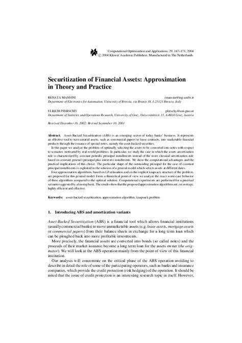 Pdf Securitization Of Financial Assets Approximation In Theory And Practice