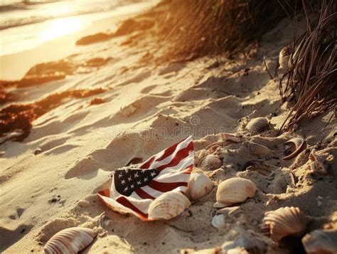 A Worn American Flag Lies On A Sandy Beach Stock Image Image Of