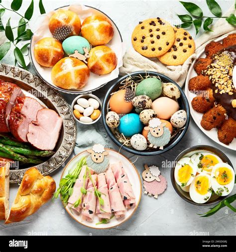 Classic Easter Ham Dinner Top View Table Scene On A White Background