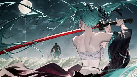 2065b Hatsune Miku Samurai Katana Sword Anime Girl 4K Wallpaper PC Desktop