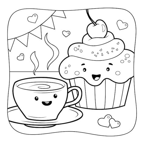 차와 케이크 흑백 색칠하기 책 또는 아이들을 위한 색칠 공부 페이지 자연 배경 프리미엄 벡터