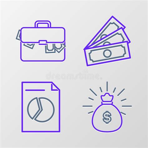 Set Line Money Bag Document With Graph Chart Stacks Paper Money Cash
