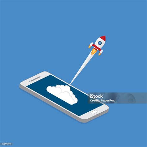 응용 프로그램 실행입니다 시작 벡터 개념 평면 만화 로켓 이나 우주선 발사 휴대폰 또는 스마트폰 성공적인 비즈니스 프로젝트 시작 기술 부스트 혁신의 아이디어 0명에 대한