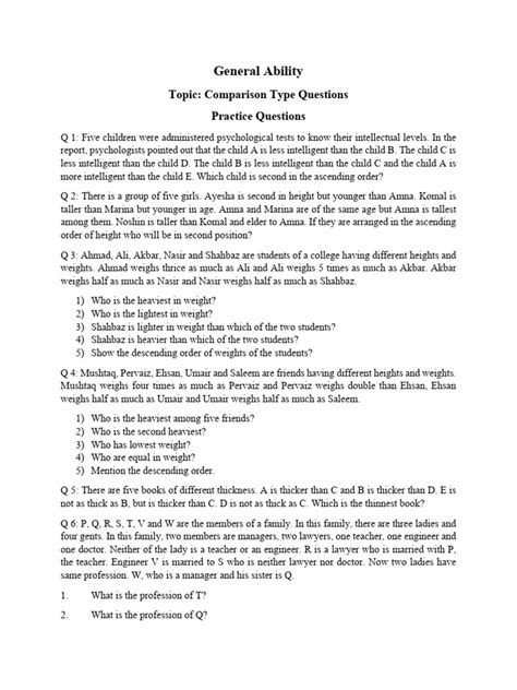 Comparison Type Questions Practice Questions Pdf Psychology
