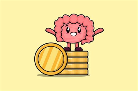 평면 만화에서 누적된 금화 벡터 일러스트 레이 션에 서 있는 귀여운 만화 창자 캐릭터 프리미엄 벡터