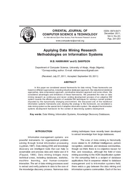 pdf applying data mining research methodologies on information systems